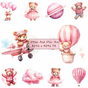 Pink Watercolor Teddy Bear Clipart Bundle, Cute Baby Shower Clipart ...