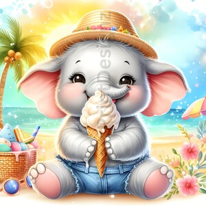 Cute Summer Elephants Clipart Bundle, Watercolor Elephant Clip Art ...