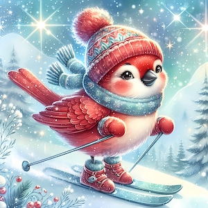 Cute Winter Animals Skiing Clipart Bundle, Festive Watercolor Clip Art ...