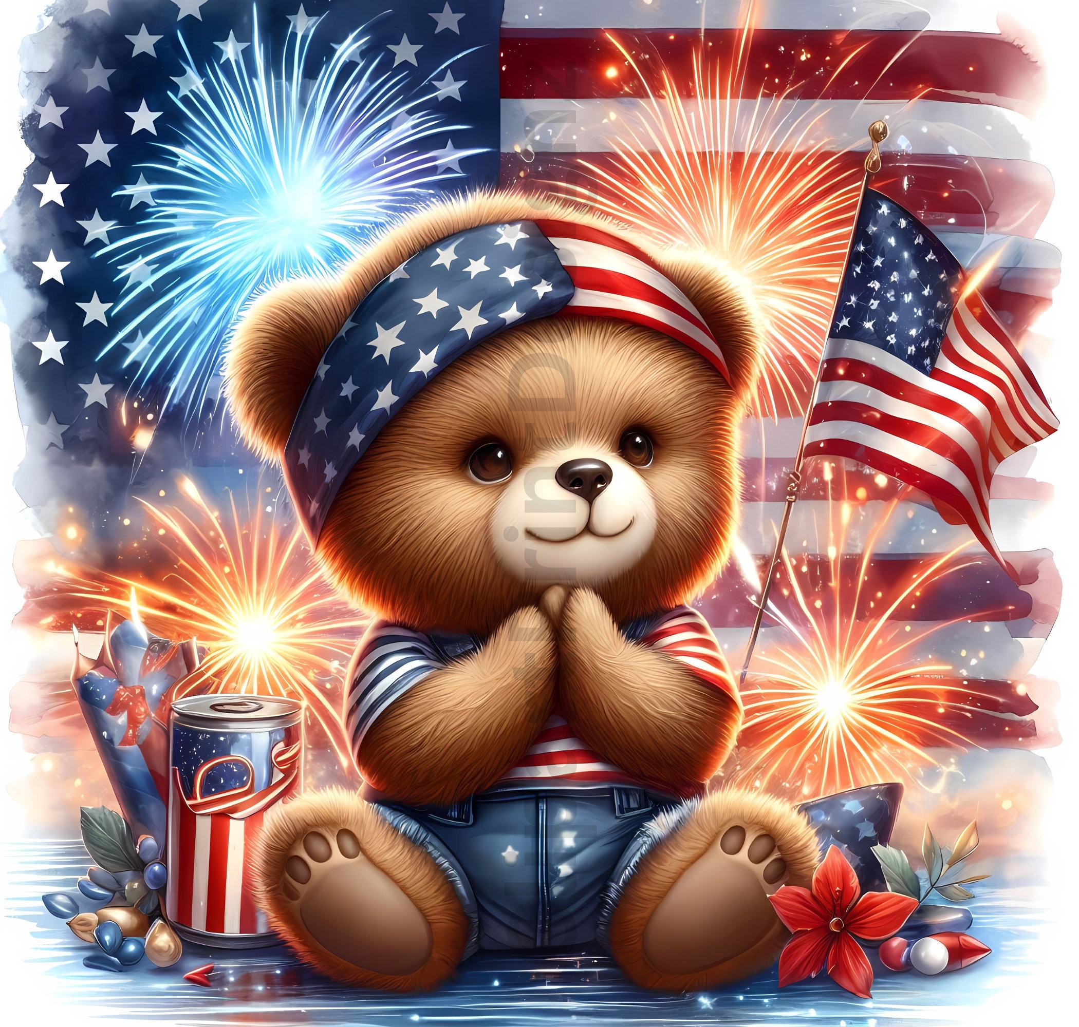 Cute 4th July Teddy Bears Clipart Bundle, Watercolor Patriotic Files ...