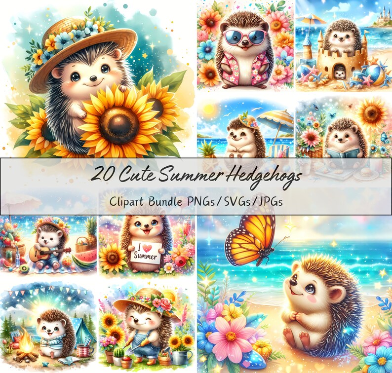 Cute Summer Hedgehogs Clipart Bundle, Watercolor Hedgehog Clip Art ...