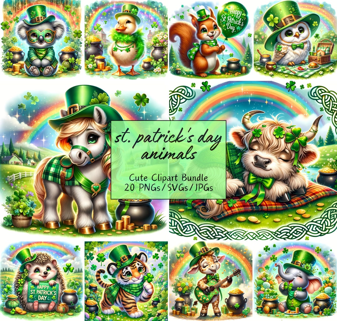 Cute St. Patrick's Day Animals Clipart Bundle, Watercolor Clip Art ...