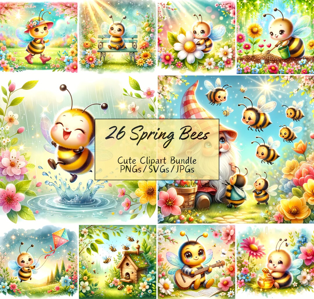 Cute Spring Bees Clipart Bundle, Watercolor Clip Art Images, 26 High ...