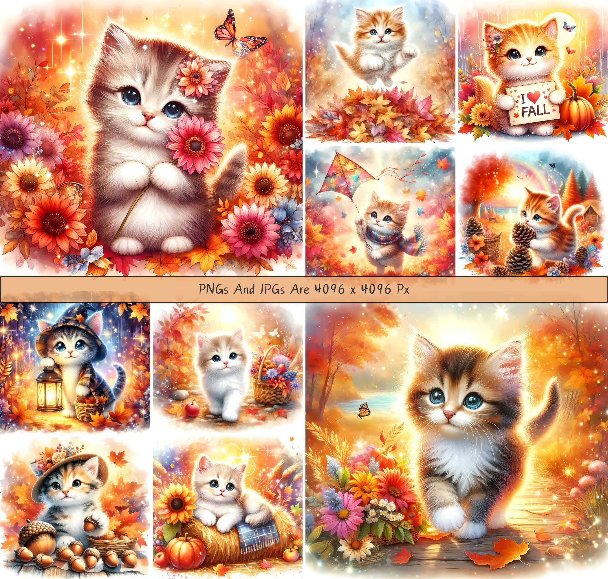 Cute Fall Kittens Clipart Bundle, Autumn Cat, Cats, Kittens, Watercolor ...