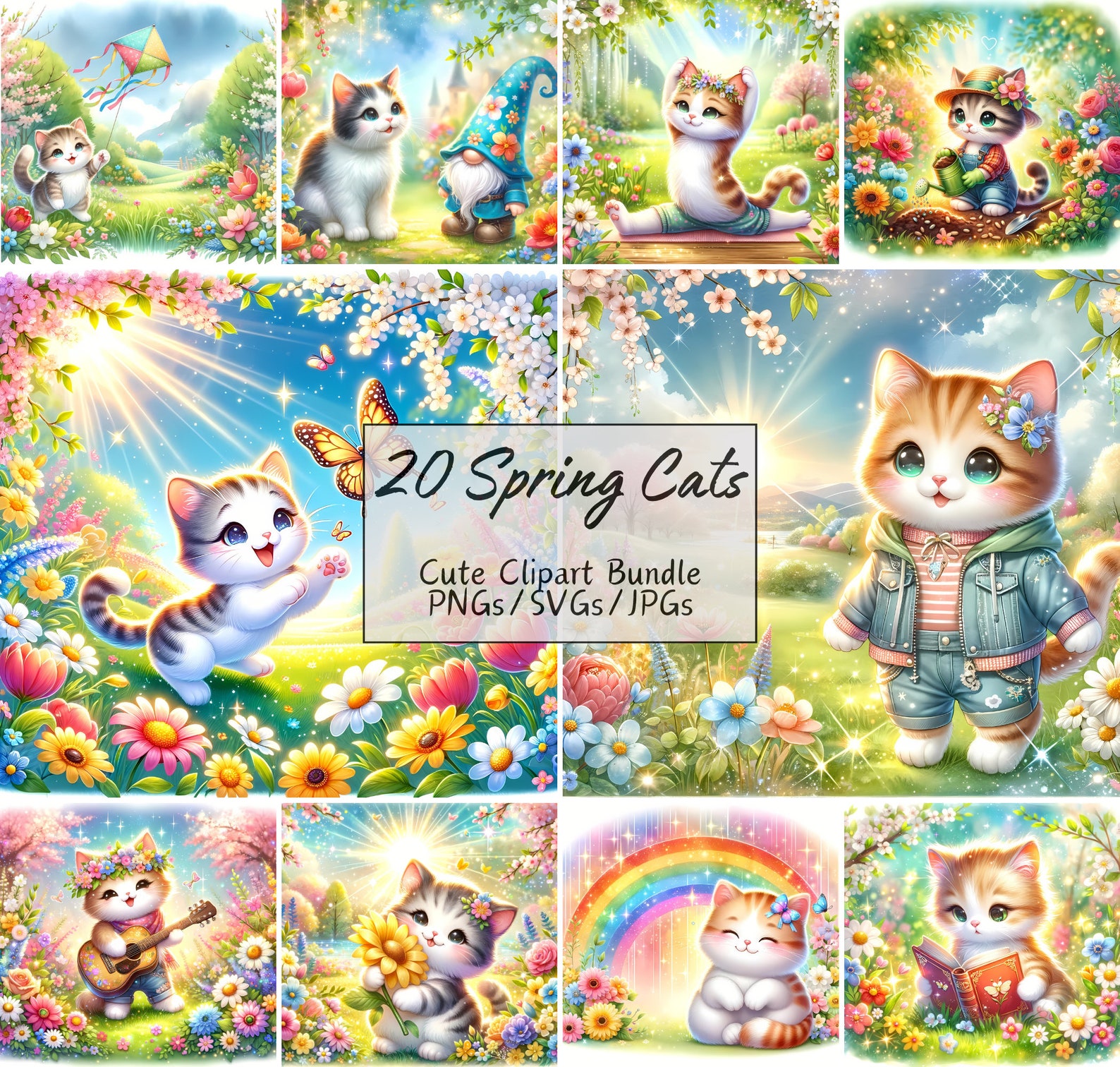 Cute Spring Cats Clipart Bundle, Watercolor Clip Art Images, 20 High ...