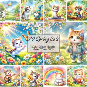 Cute Spring Cats Clipart Bundle, Watercolor Clip Art Images, 20 High ...