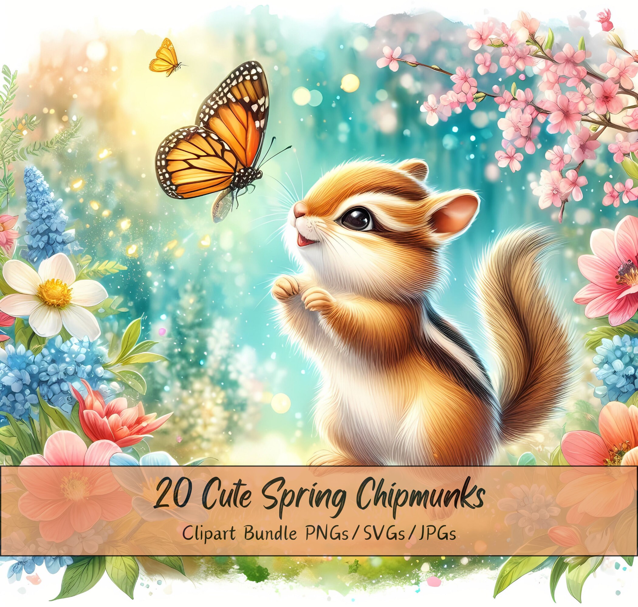 Cute Spring Chipmunks Clipart Bundle, Watercolor Clip Art Images, 20 ...