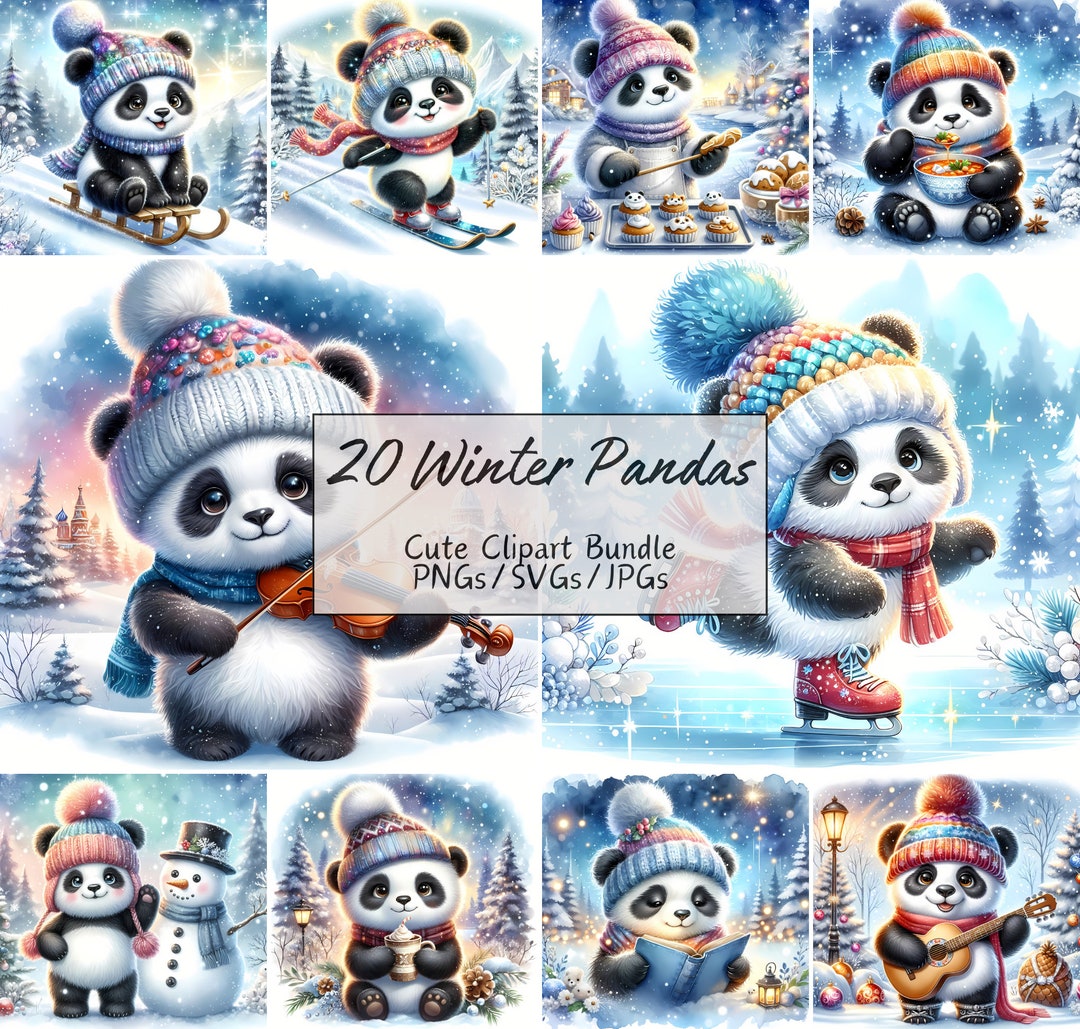 Cute Winter Panda Clipart Bundle, Festive Watercolor Clip Art Images ...
