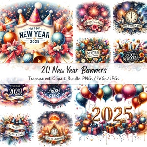 Happy New Year Banners Clipart Bundle, Year's Day, Watercolor Clip Art ...