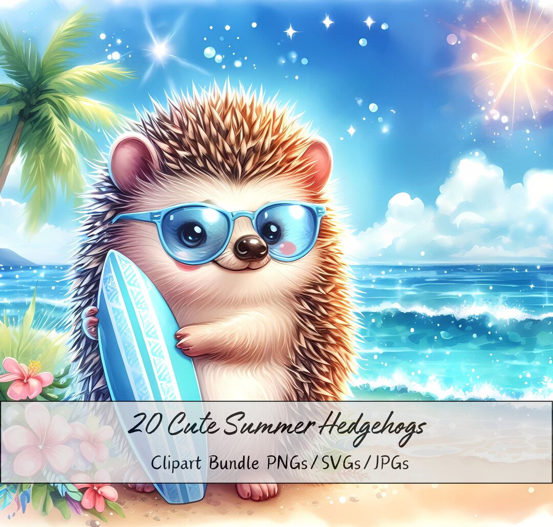 Cute Summer Hedgehogs Clipart Bundle, Watercolor Hedgehog Clip Art ...