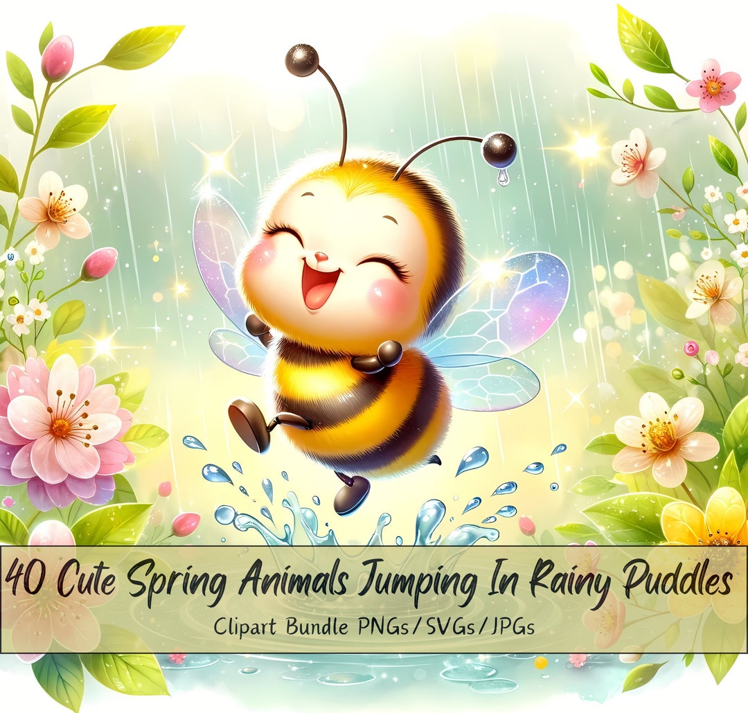 Cute Spring Animals in Rain Puddles Clipart Bundle, Watercolor Clip Art ...