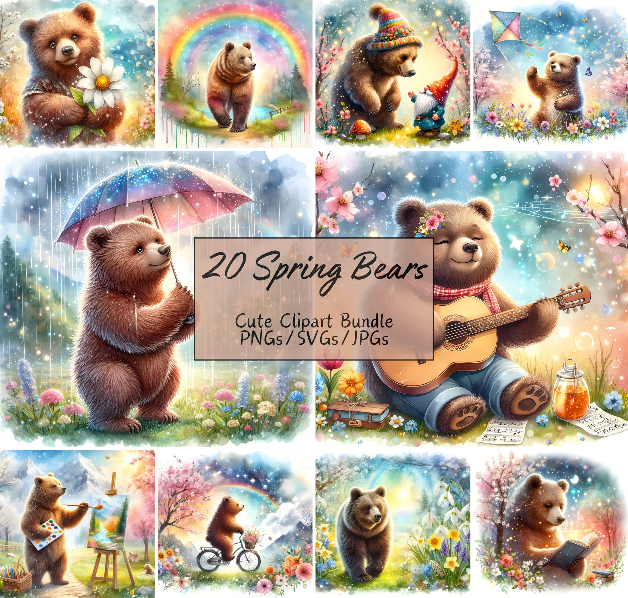 Cute Spring Bears Clipart Bundle, Watercolor Clip Art Images, High ...