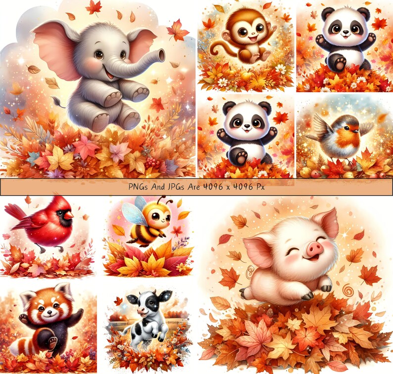 Cute Animals Jumping in Fall Leaves, Clipart Bundle, Watercolor Animal ...