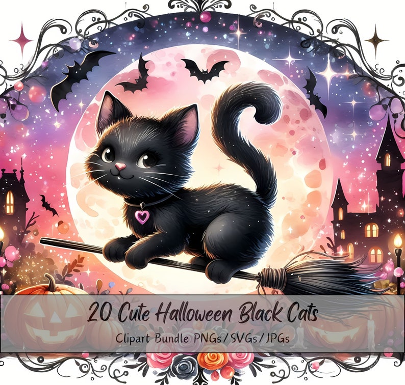 Cute Halloween Black Cats Clipart Bundle, Watercolor Cat Clip Art ...