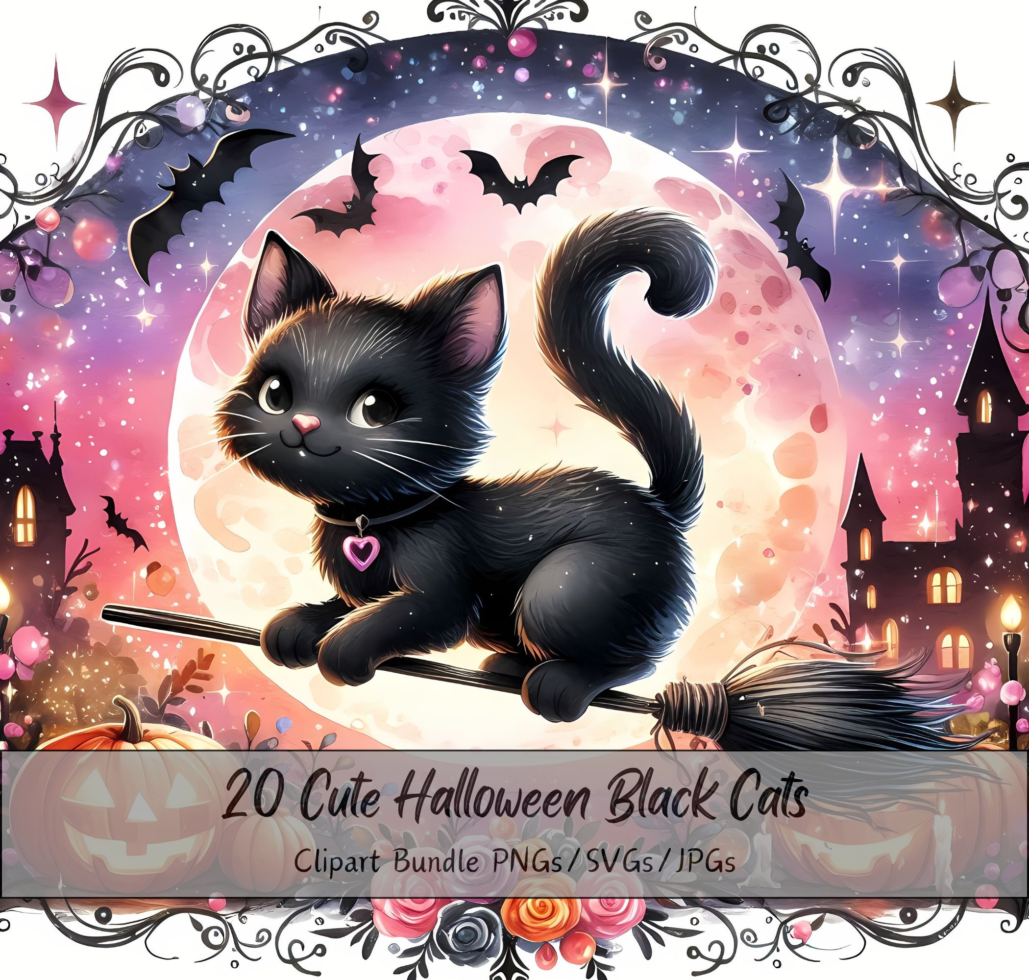 Cute Halloween Black Cats Clipart Bundle, Watercolor Cat Clip Art ...