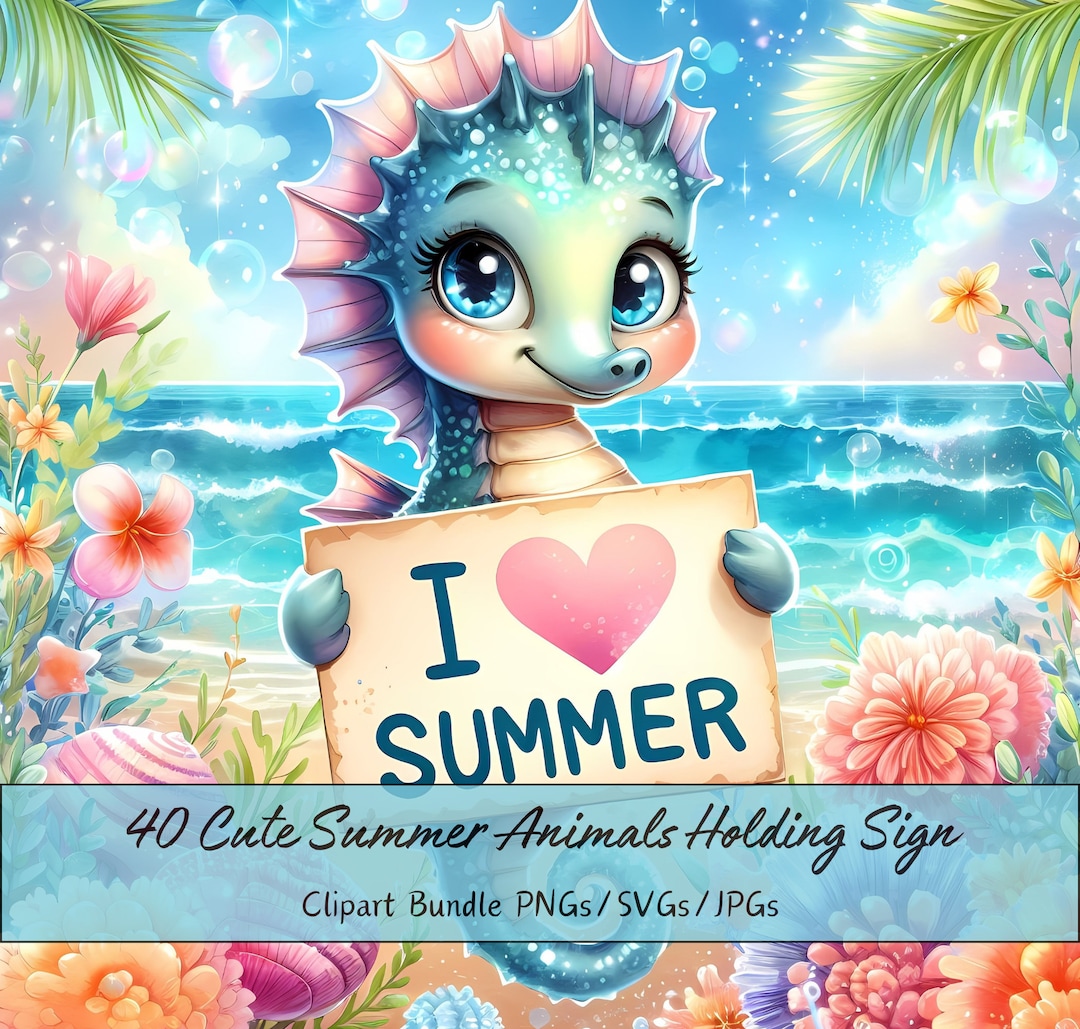 Cute Summer Animals Holding Signs Clipart Bundle, Watercolor Sun Clip ...