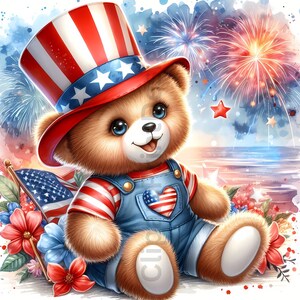 Cute 4th July Teddy Bears Clipart Bundle, Watercolor Patriotic Files ...