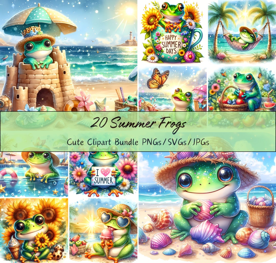 Cute Summer Frogs Clipart Bundle, Watercolor Frog Clip Art Images, High ...