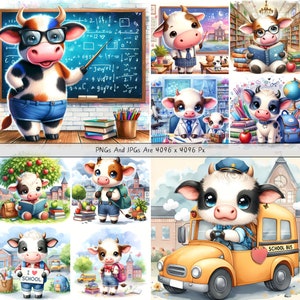 Cute Back to School Cows Clipart Bundle, Watercolor Cow Clip Art Images ...