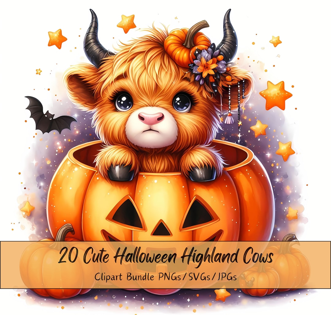 Cute Halloween Highland Cows Clipart Bundle, Watercolor Cow Clip Art ...