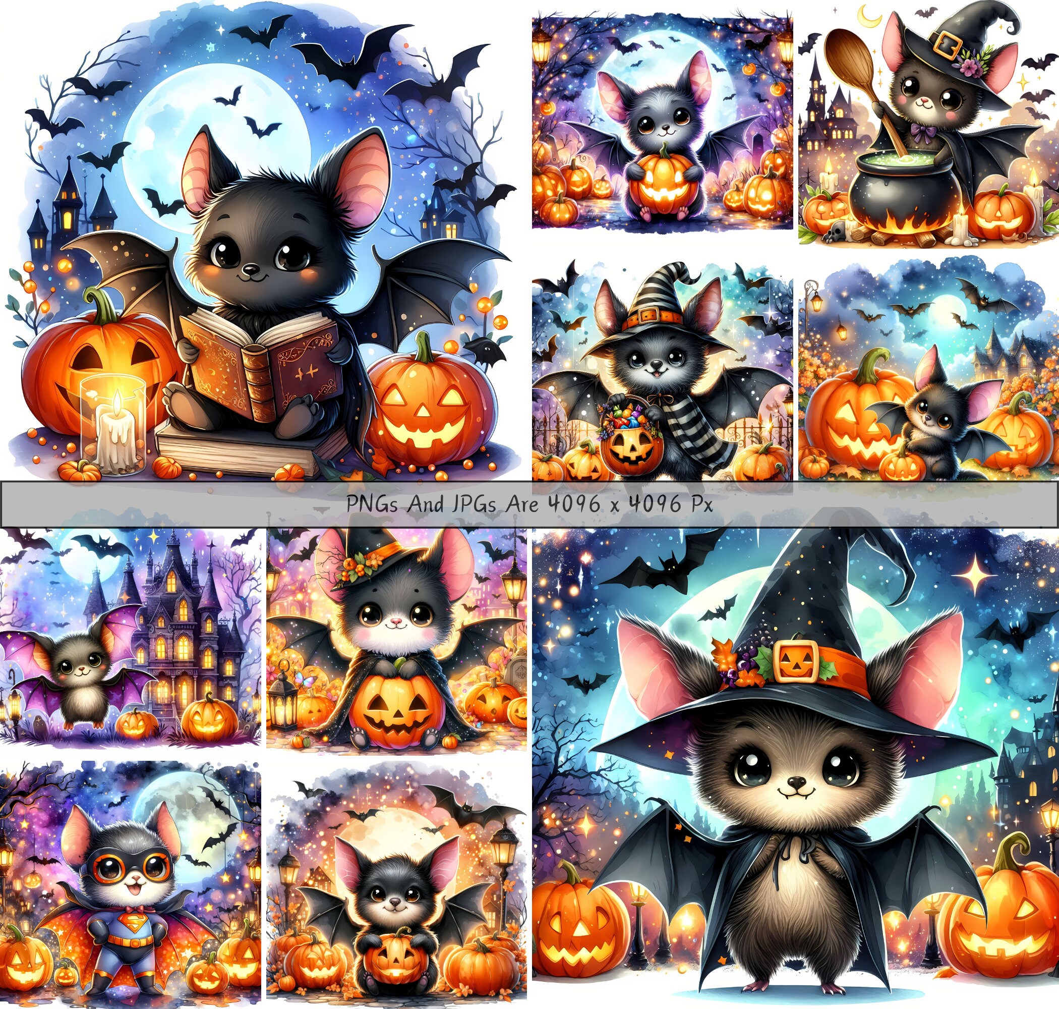 Cute Halloween Bats Clipart Bundle, Watercolor Bat Clip Art Images ...