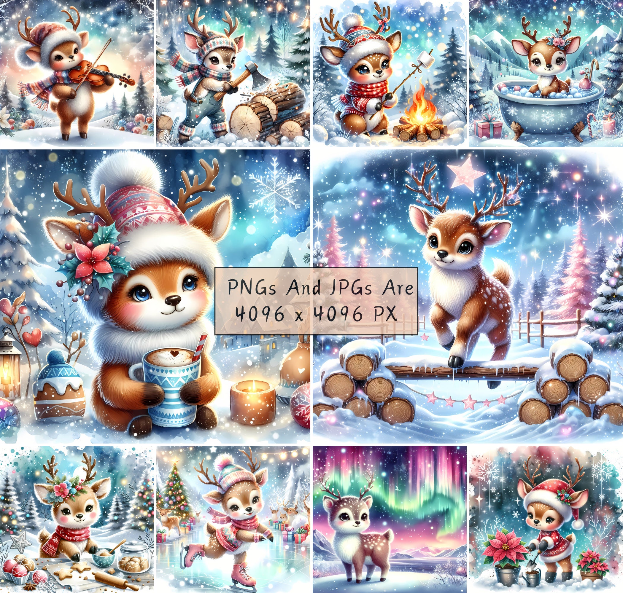 Cute Winter Reindeers Clipart Bundle, Festive Watercolor Clip Art ...