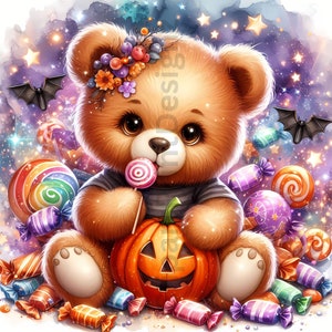 Cute Halloween Teddy Bears Clipart Bundle, Watercolor Bear Clip Art ...