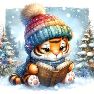 Cute Winter Animals Reading Clipart Bundle, Festive Watercolor Clip Art ...