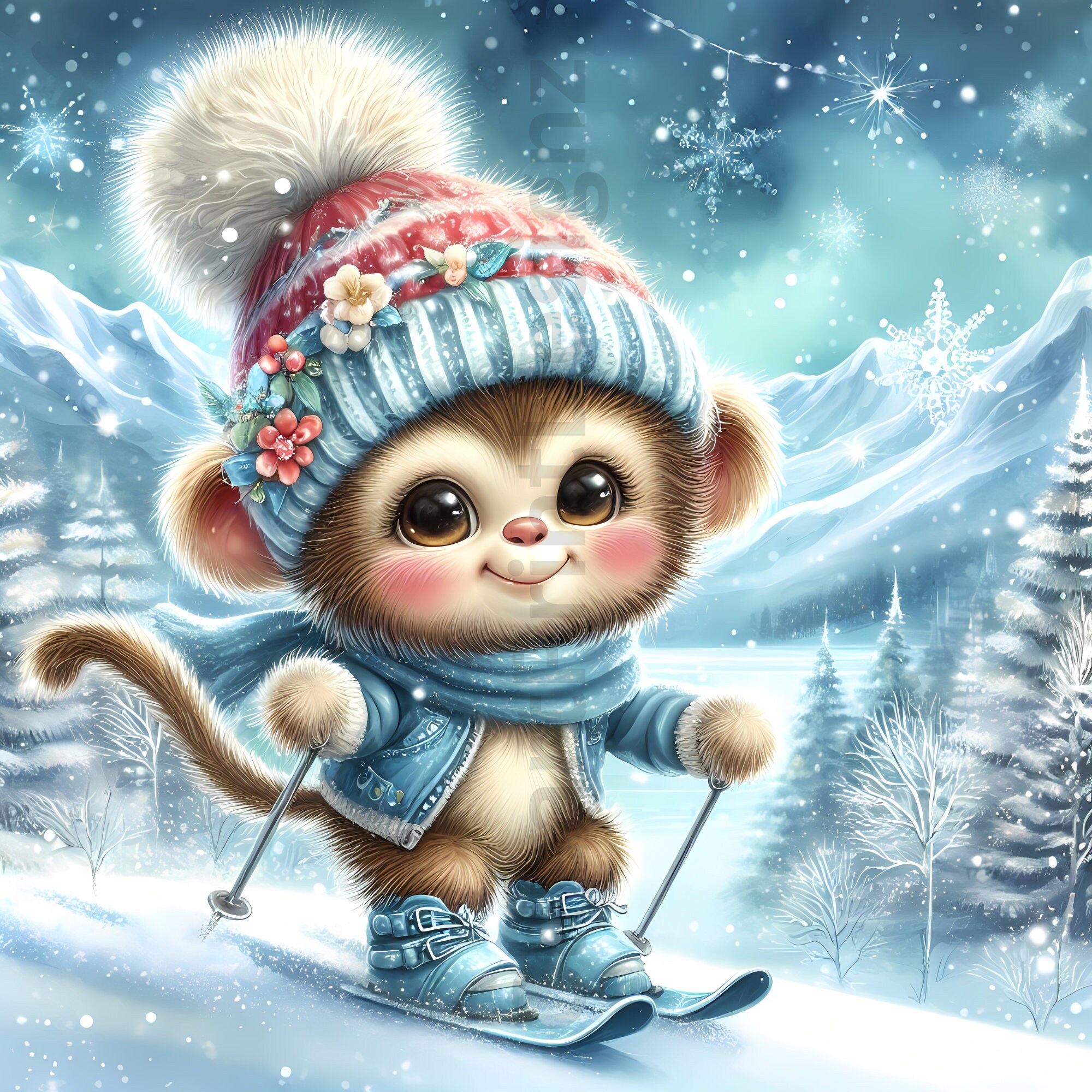 Cute Winter Monkey Clipart Bundle, Festive Watercolor Clip Art Images ...