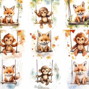 90 Cute Watercolor Animals on Swings, Baby Nursery Animal Clipart ...