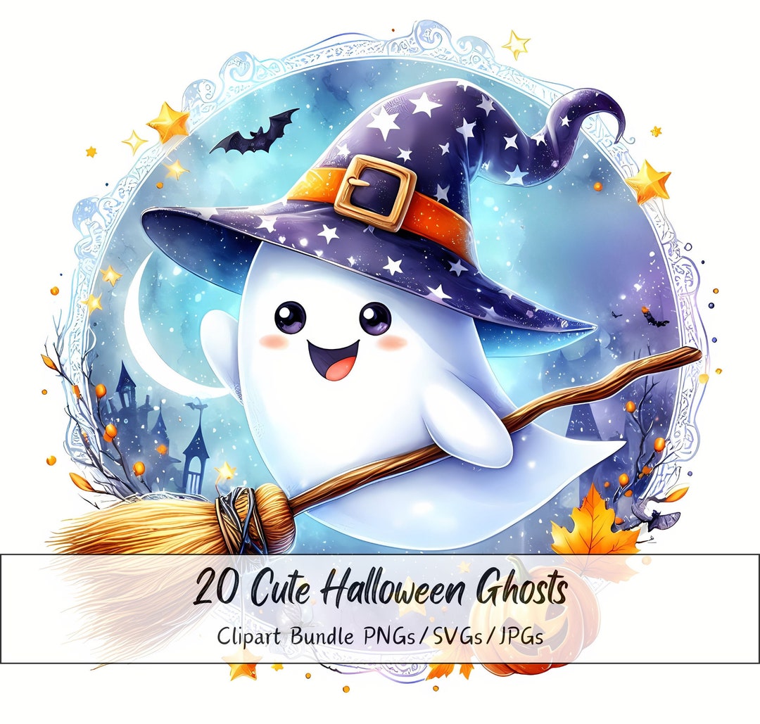 Cute Halloween Ghosts Clipart Bundle, Watercolor Ghost Clip Art Images ...