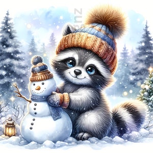 Cute Winter Raccoon Clipart Bundle, Festive Watercolor Clip Art Images ...