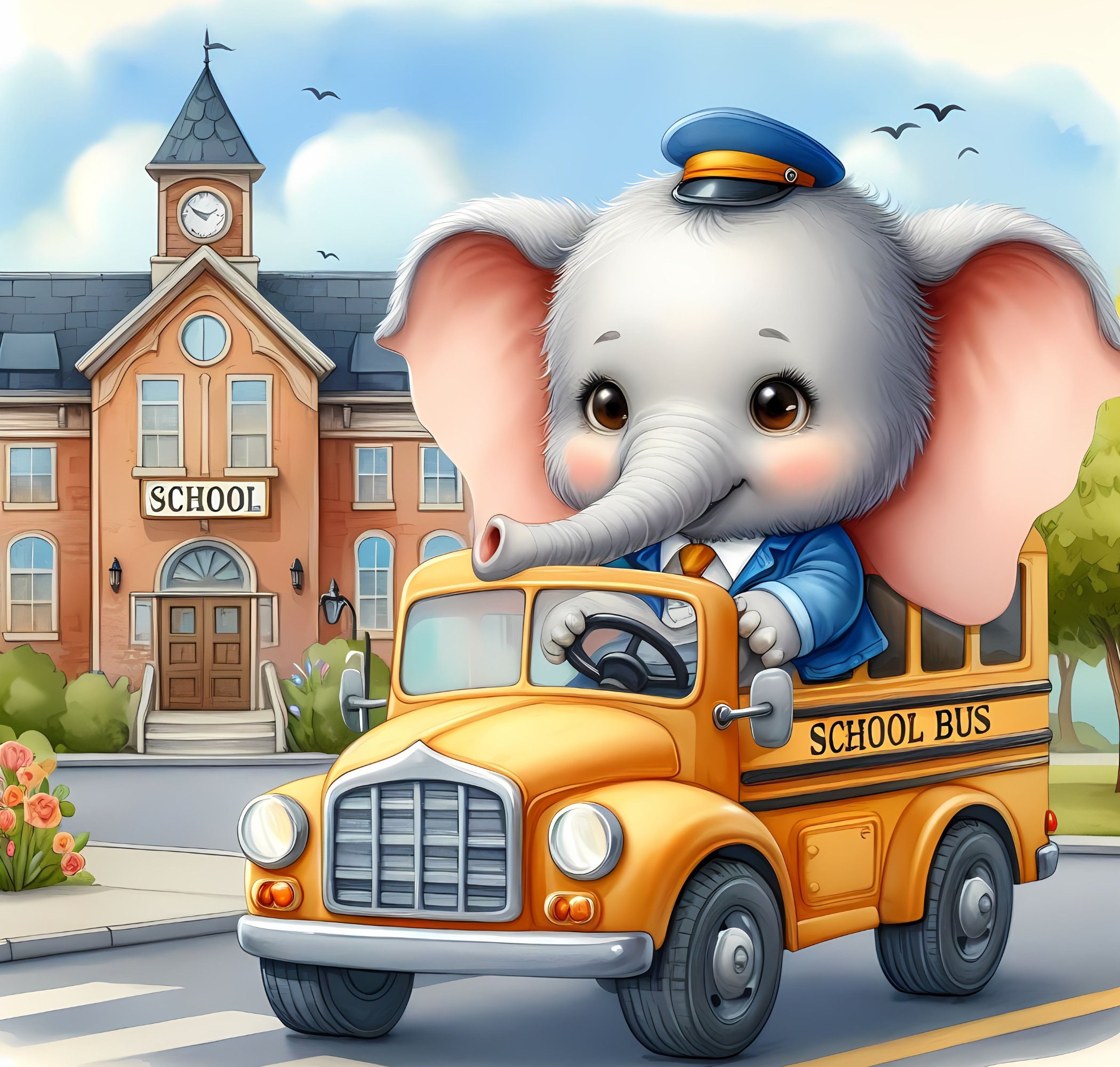 Cute Animals Driving Back to School Buses Clipart Bundle, Watercolor ...