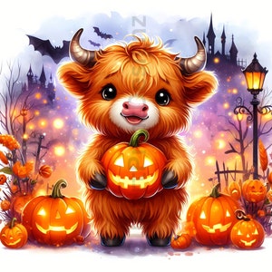 Cute Halloween Highland Cows Clipart Bundle, Watercolor Cow Clip Art ...