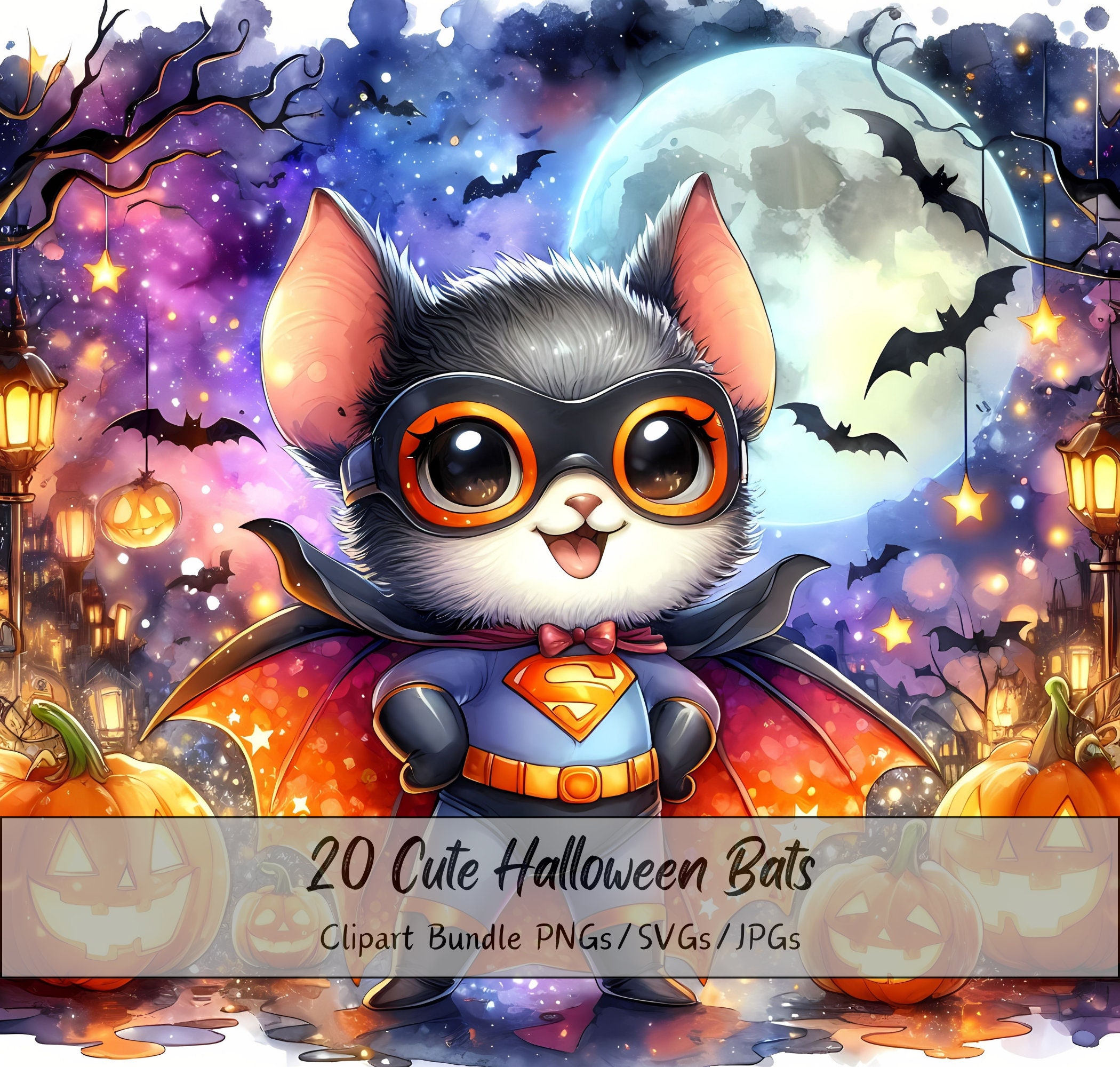 Cute Halloween Bats Clipart Bundle, Watercolor Bat Clip Art Images ...