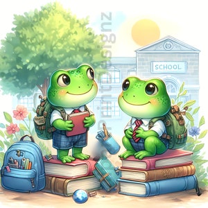 Cute Back to School Frogs Clipart Bundle, Watercolor Frog Clip Art ...