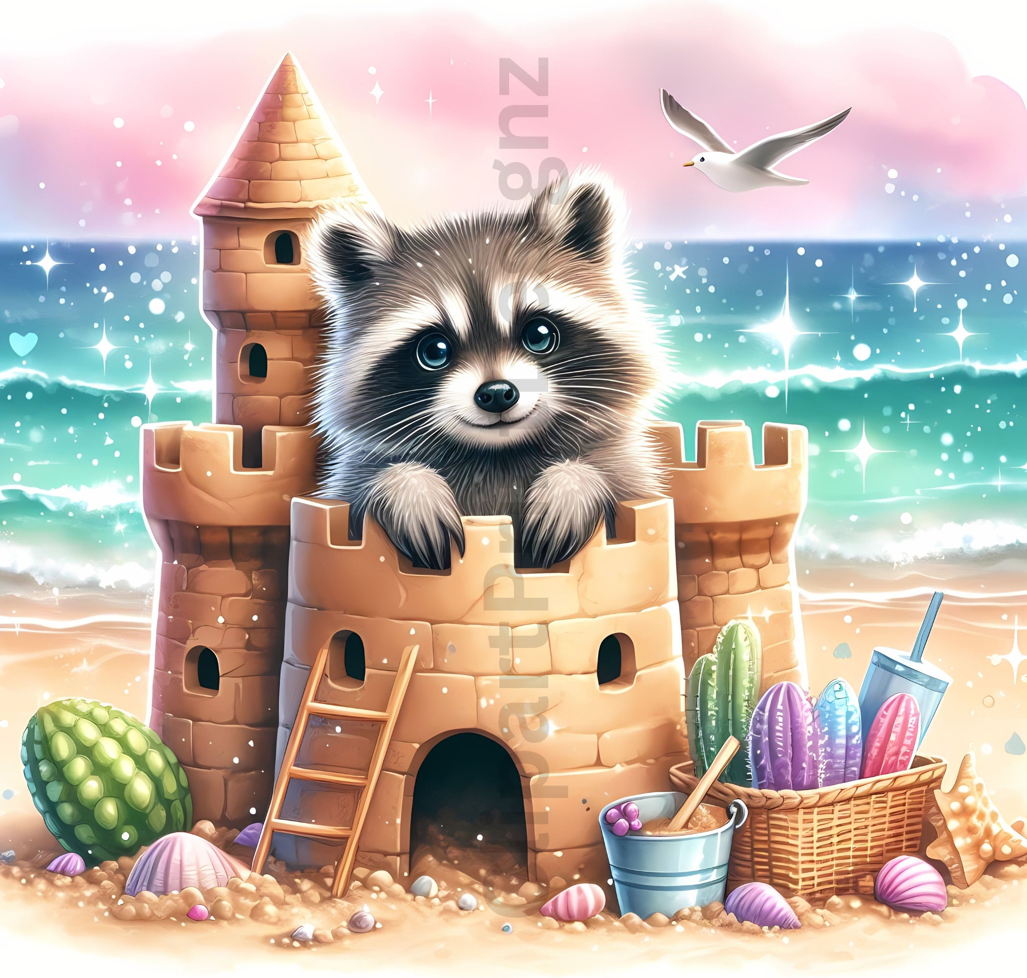 Cute Summer Raccoons Clipart Bundle, Watercolor Raccoon Clip Art Images ...
