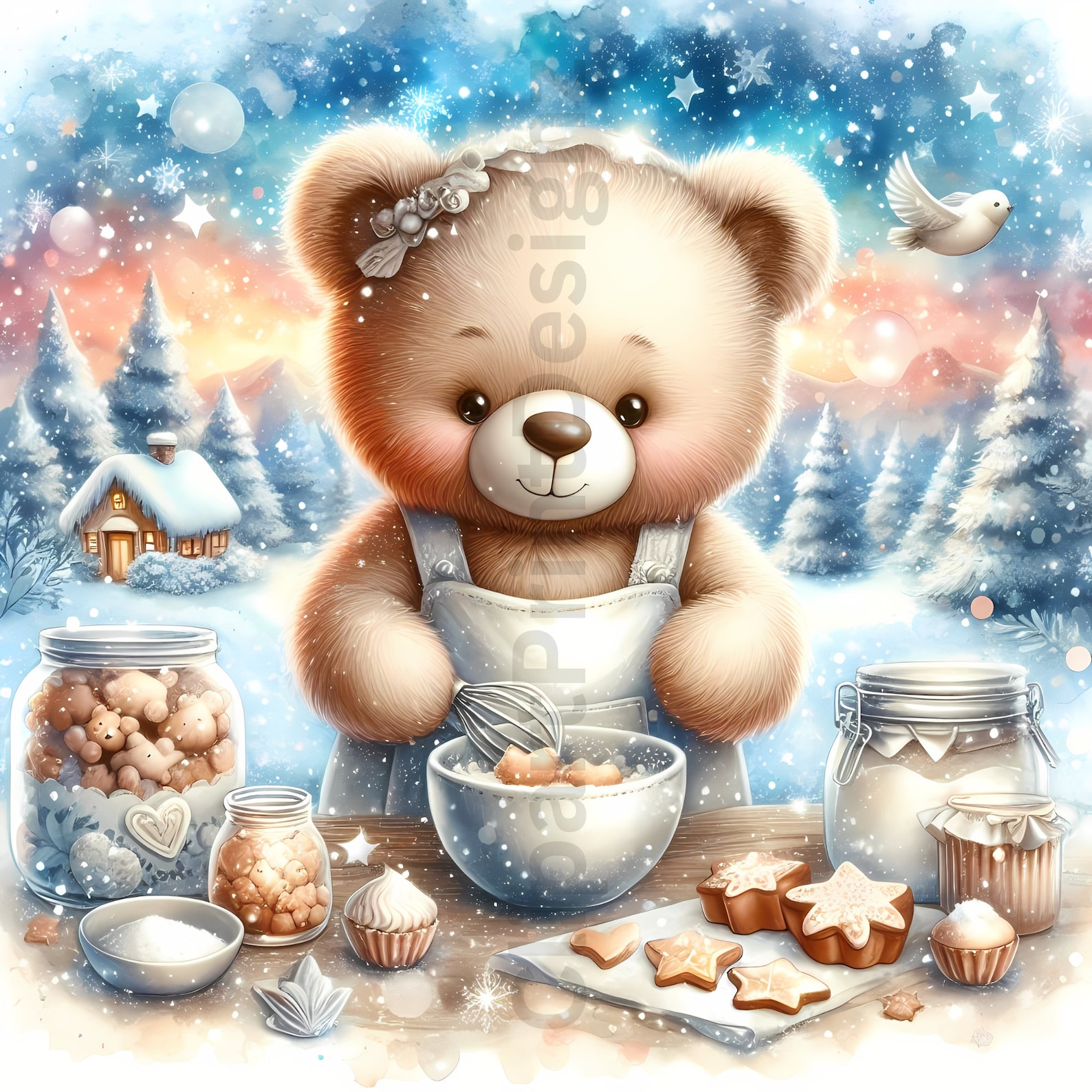 Cute Winter Teddy Bear Clipart Bundle, Festive Watercolor Clip Art ...