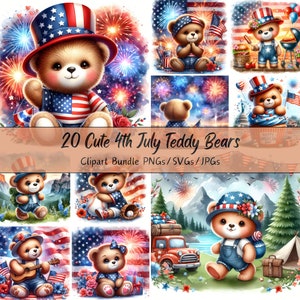 Cute 4th July Teddy Bears Clipart Bundle, Watercolor Patriotic Files ...