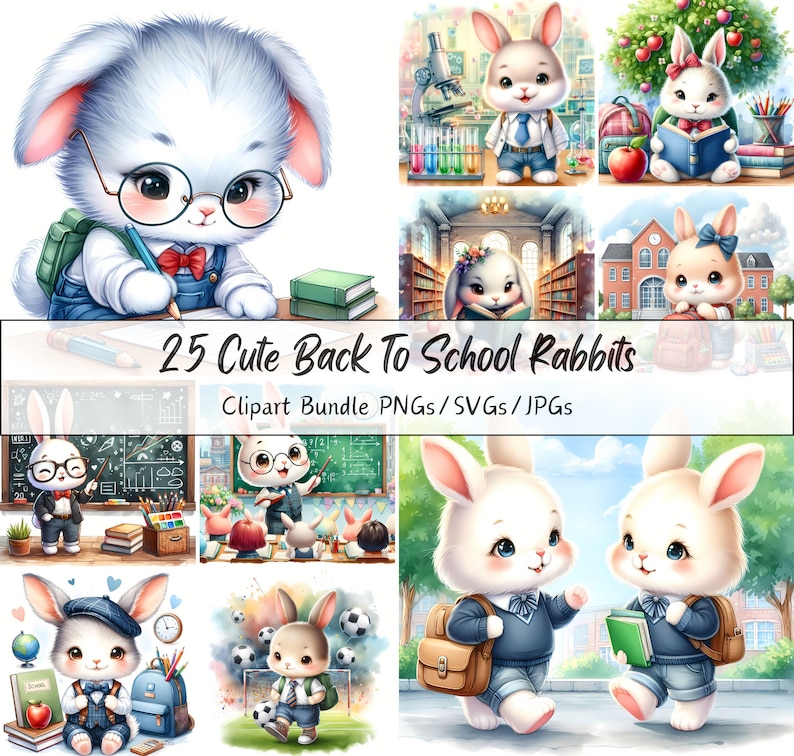 Cute Back to School Rabbits Clipart Bundle, Watercolor Rabbit Clip Art ...