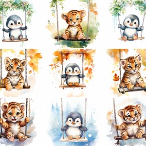 90 Cute Watercolor Animals on Swings, Baby Nursery Animal Clipart ...