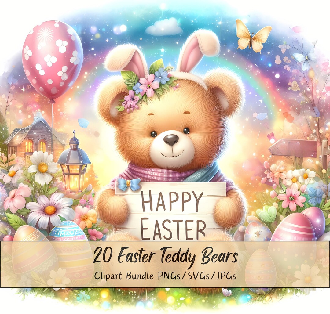 Cute Easter Teddy Bears Clipart, Funny Watercolor Teddy Bear Images ...