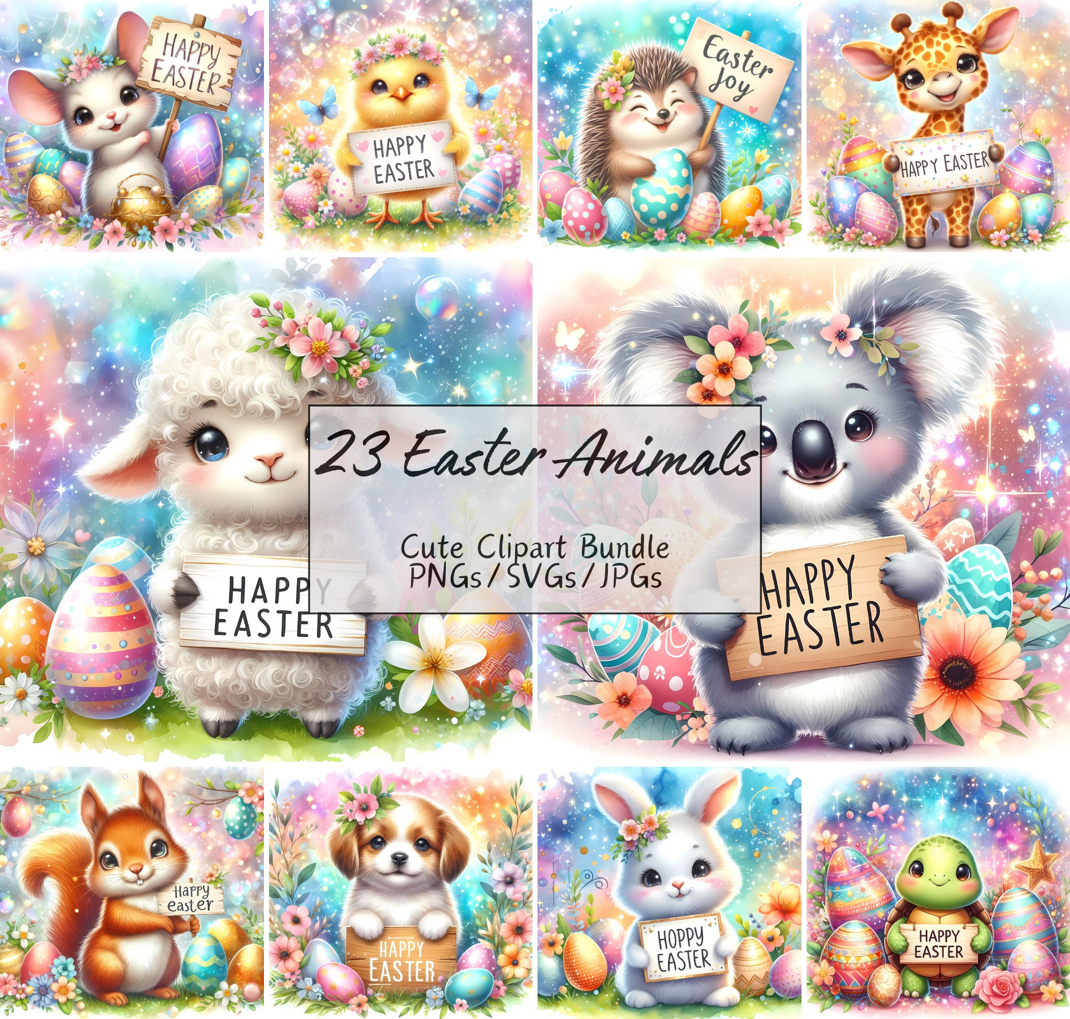 Cute Happy Easter Animals Clipart Bundle, Festive Watercolor Clip Art ...