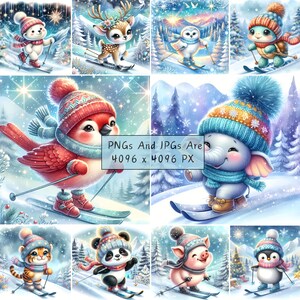 Cute Winter Animals Skiing Clipart Bundle, Festive Watercolor Clip Art ...