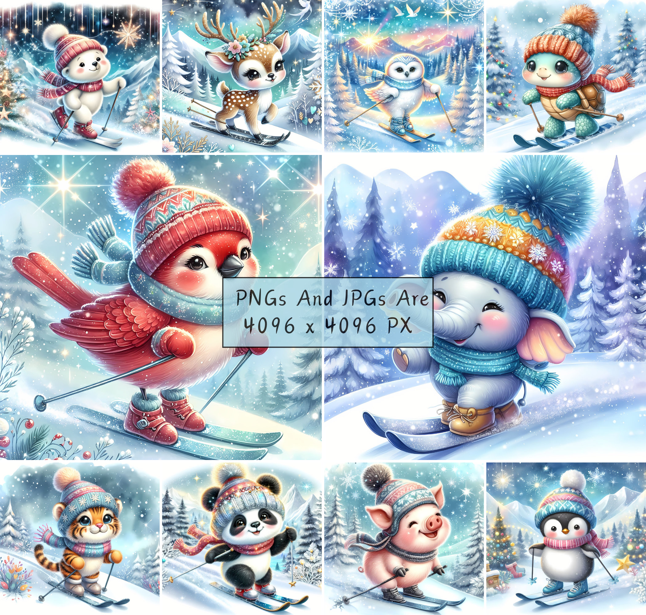 Cute Winter Animals Skiing Clipart Bundle, Festive Watercolor Clip Art ...
