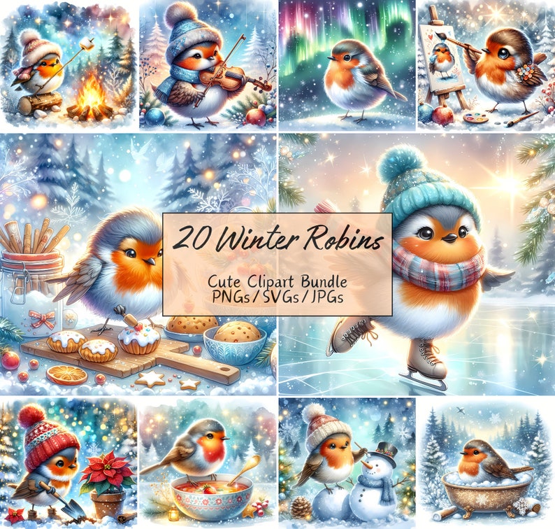 Cute Winter Robins Clipart Bundle, Festive Watercolor Clip Art Images ...
