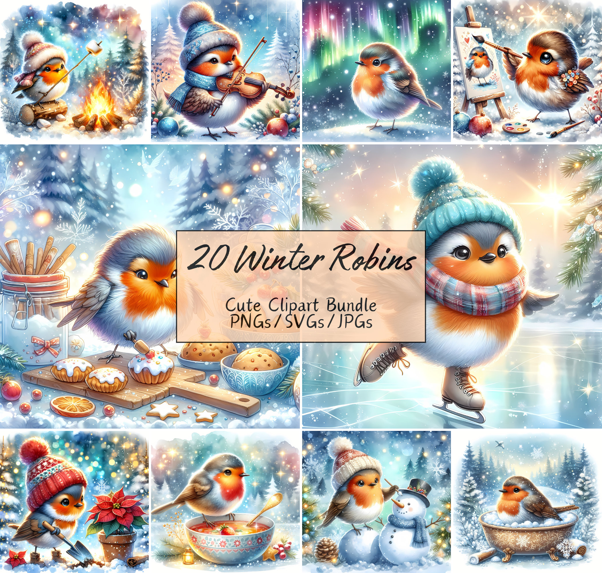 Cute Winter Robins Clipart Bundle, Festive Watercolor Clip Art Images ...