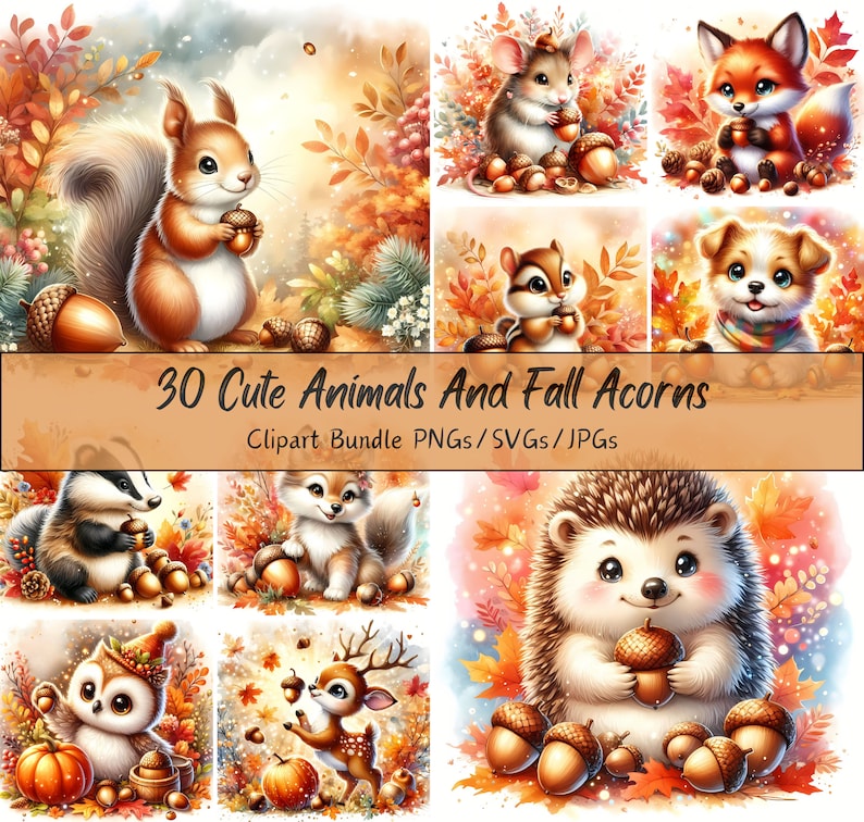Cute Animals and Fall Acorns, Clipart Bundle, Watercolor Animal Clip ...