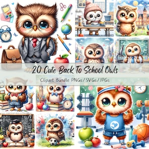 Cute Back to School Owls Clipart Bundle, Watercolor Owl Clip Art Images ...