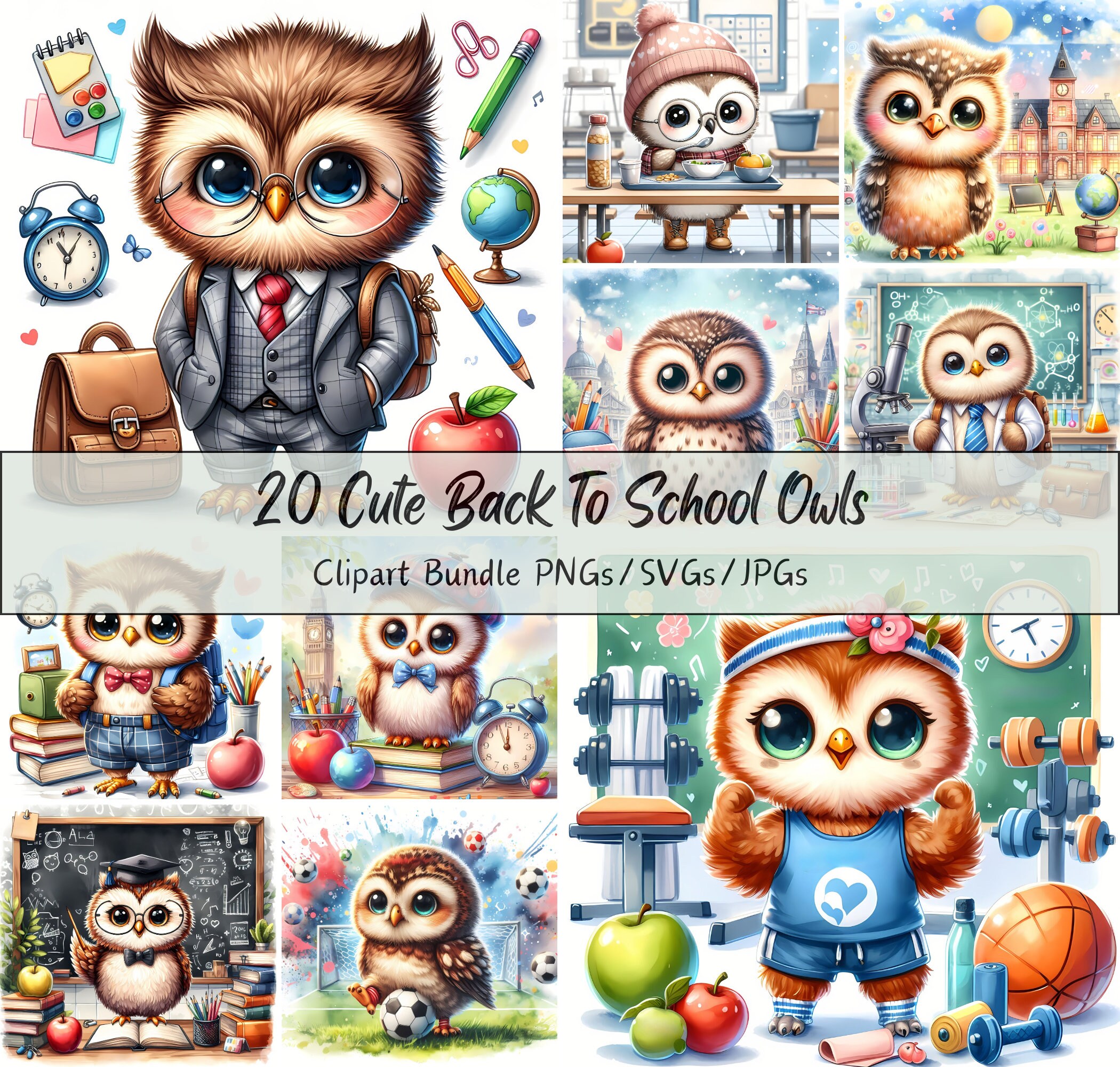 Cute Back to School Owls Clipart Bundle, Watercolor Owl Clip Art Images ...